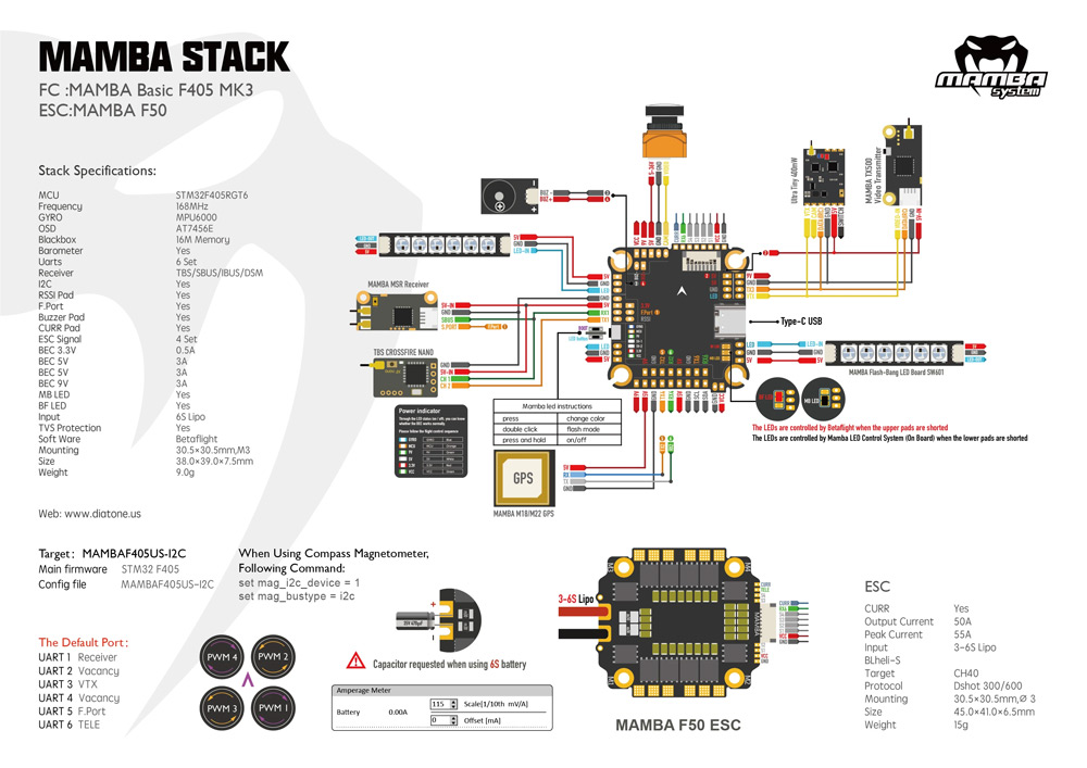 Diatone Mamba Stack Basic - F405 MK3 FC + F50 50A BLHeli_S ESC
