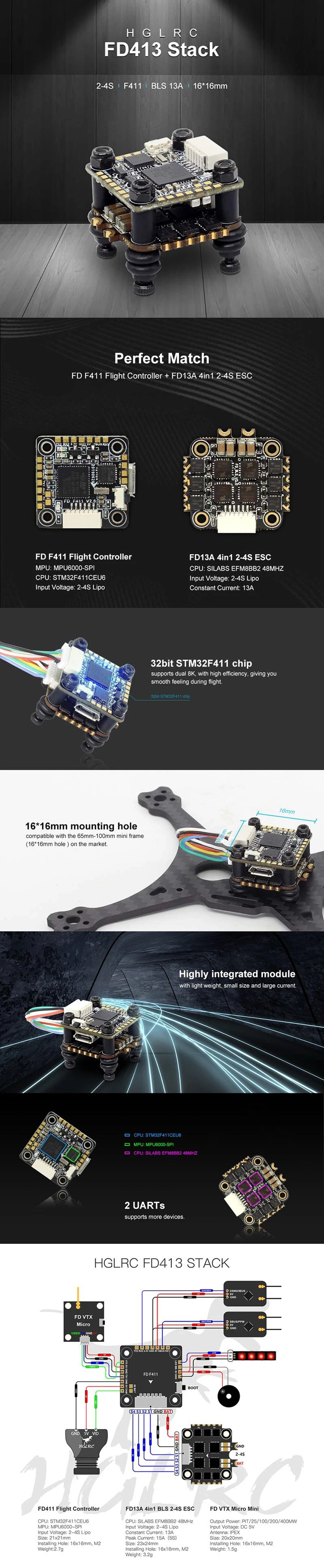 HGLRC FD413 16x16 Stack - FD411 FC + 13A BL_S 4-in-1 ESC